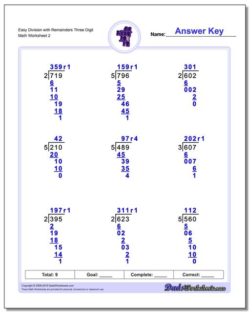 Long Division Worksheets: Division with Remainders