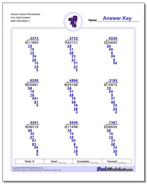 Long Division Worksheets: Division without Remainders