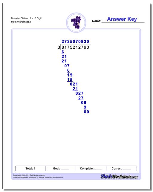 Long Division Worksheets: Monster Division