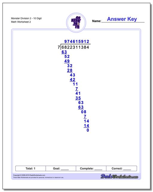 Long Division Worksheets: Monster Division