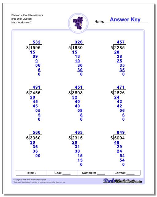 Long Division Worksheets: Division without Remainders