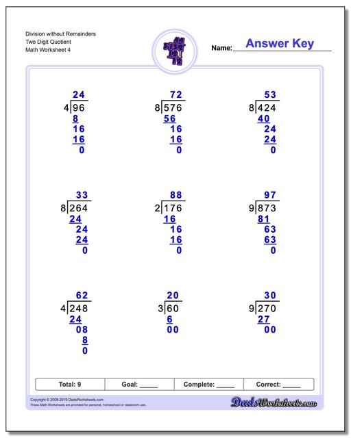 Long Division Worksheets: Division without Remainders