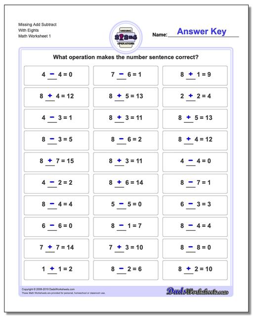 Adding and Subtracting Missing Operation Worksheets