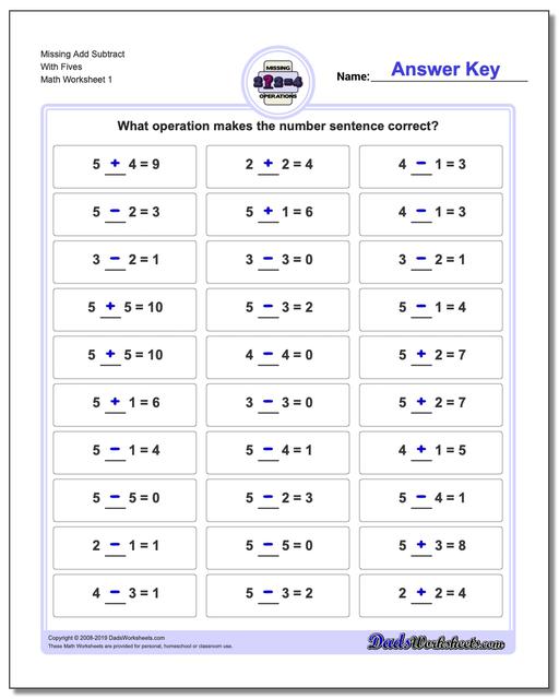 Adding and Subtracting Missing Operation Worksheets