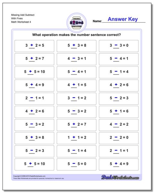 Adding and Subtracting Missing Operation Worksheets