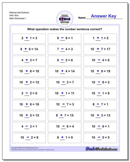Adding and Subtracting Missing Operation Worksheets Adding and Subtracting Missing Operation Worksheets