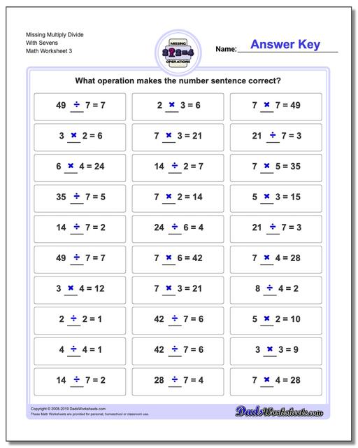 Multiplication and Division Missing Operation Worksheets