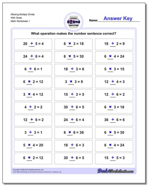 Multiplication And Division Missing Operation Worksheets