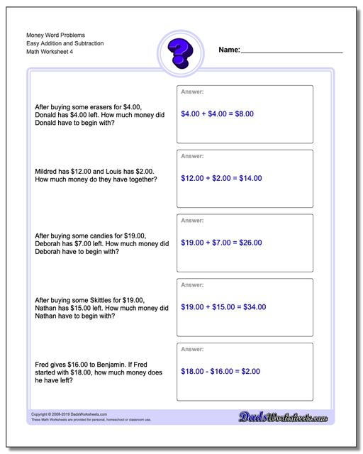 Addition And Subtraction Money Word Problems
