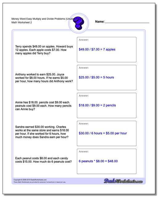 Money Word Problems: Multiplication and Division with Extra Facts