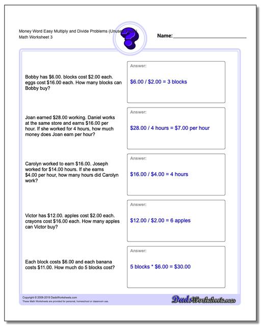 Money Word Problems: Multiplication and Division with Extra Facts