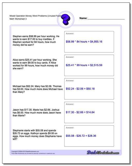 Money Word Problems: Mixed Operation Money Word Problems with Extra Facts