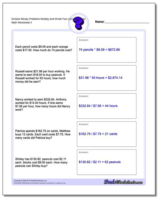 Money Word Problems: Multiplication and Division with Extra Facts