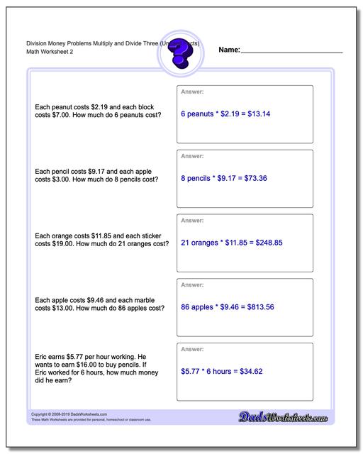 Money Word Problems: Multiplication and Division with Extra Facts