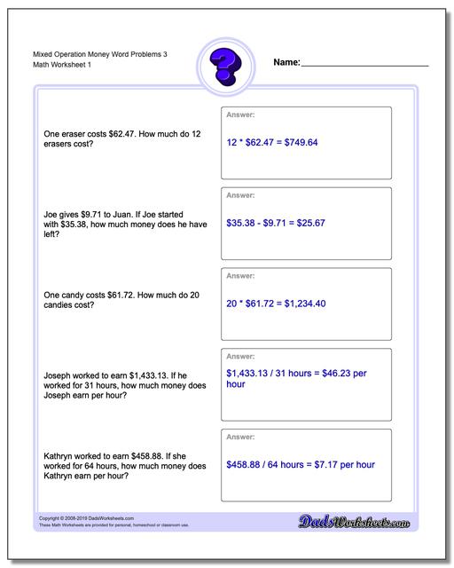 Money Word Problems Mixed Operation Money Word Problems