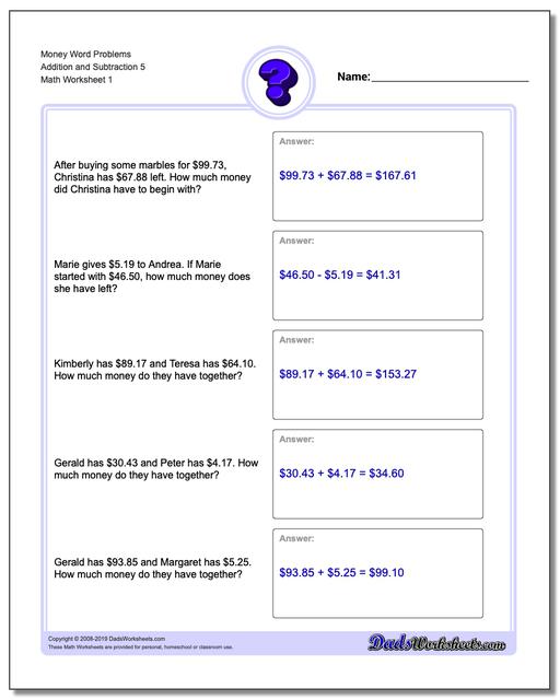 Addition And Subtraction Money Word Problems Addition And Subtraction Money Word Problems