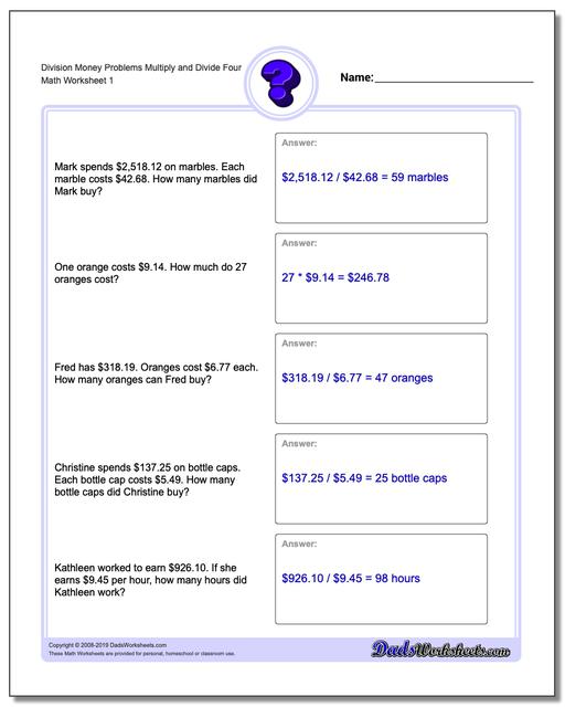 Multiplication and Division Money Word Problems