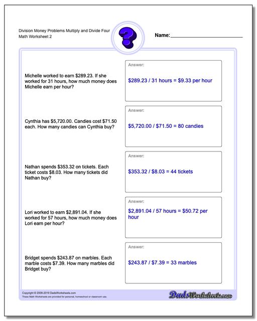 Multiplication and Division Money Word Problems