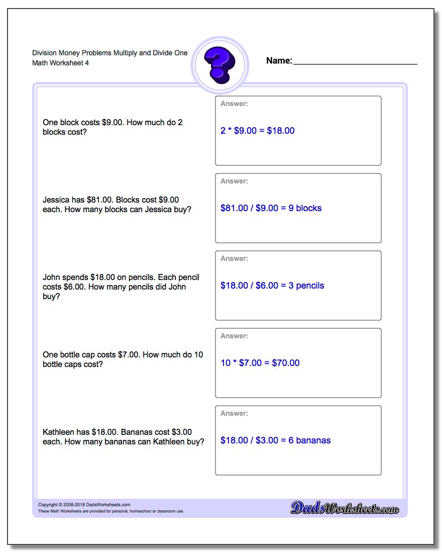 Multiplication And Division Money Word Problems