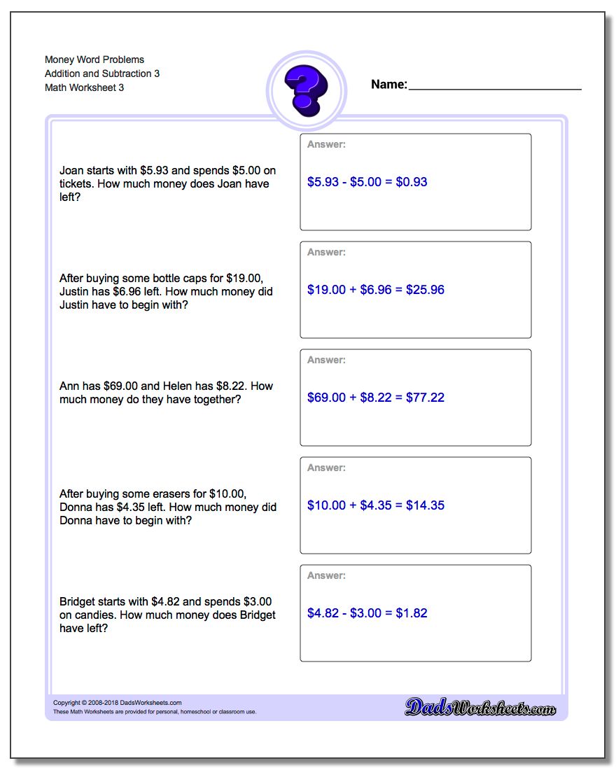 Addition And Subtraction Money Word Problems