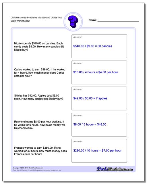 Multiplication and Division Money Word Problems