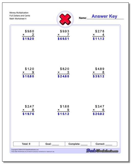 Multiplication Worksheets: Multiplication with Money