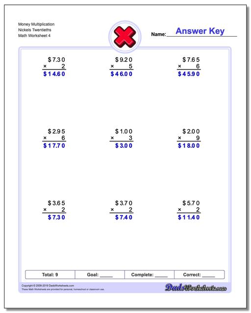 Multiplication Worksheets: Multiplication with Money