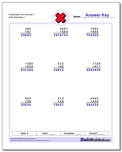 Multiplication Worksheets: Multiplication with Decimals