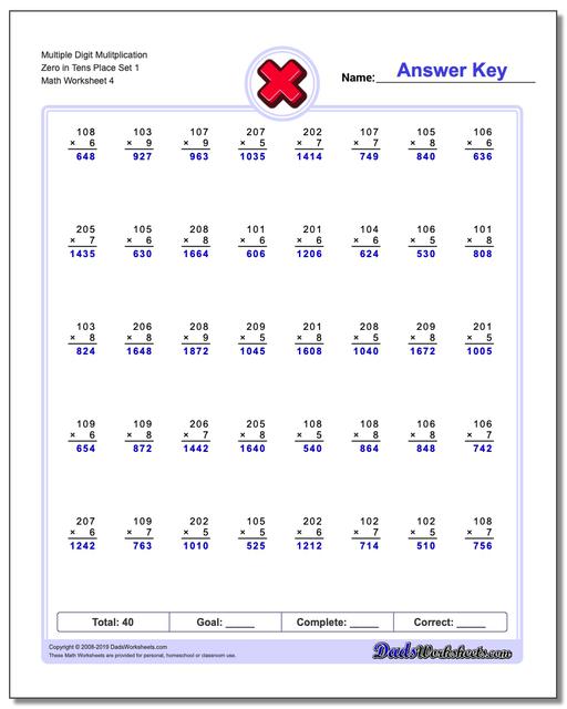 Multiplication Worksheets: Zeroes in Tens Place