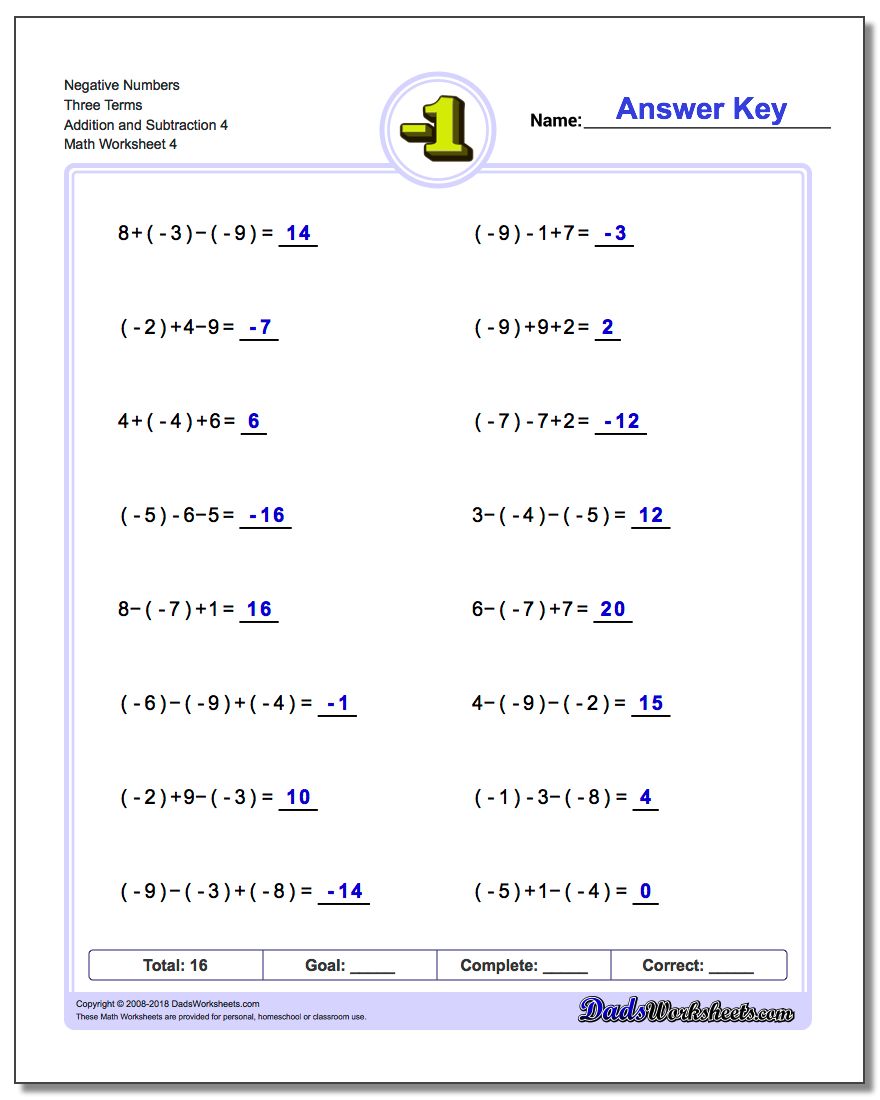 Adding And Subtracting Negatives Worksheet