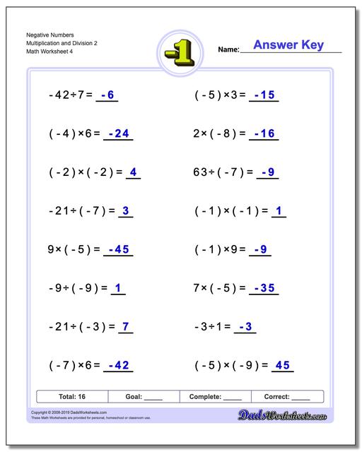 Negative Numbers: Multiplication and Division Facts