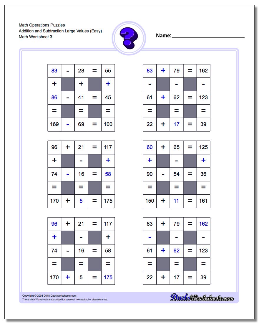 Addition And Subtraction Logic Puzzles With Missing Values And 