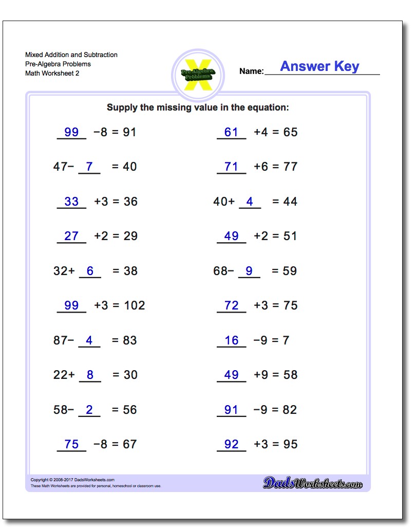 Addition And Subtraction Pre Algebra Worksheets