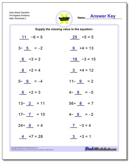 Mixed Operation Pre-Algebra Worksheets