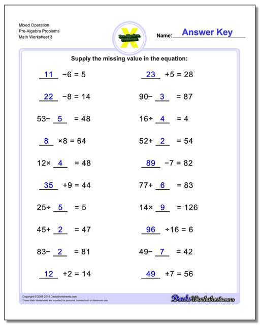 Mixed Operation Pre-Algebra Worksheets