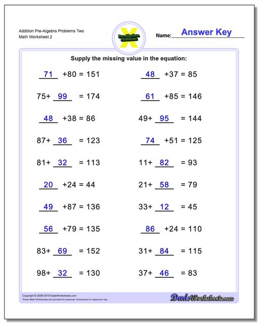 Addition Pre-Algebra Worksheets