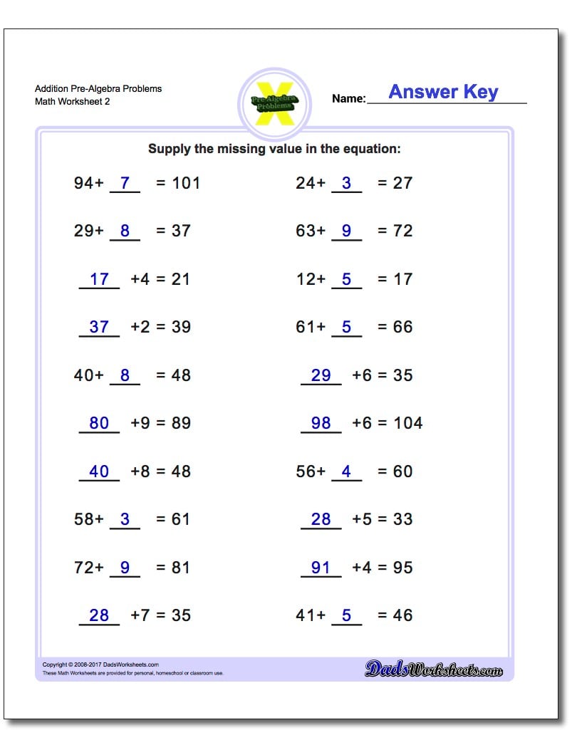 Addition Pre-Algebra Worksheets Addition Pre-Algebra Worksheets