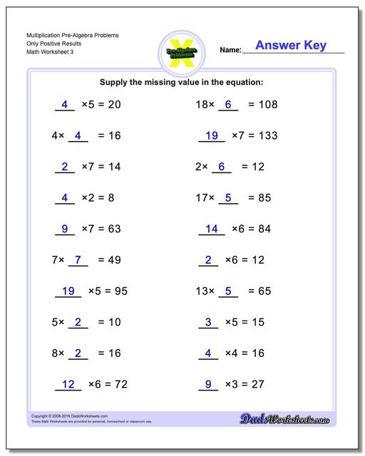 Multiplication Pre-Algebra Worksheets