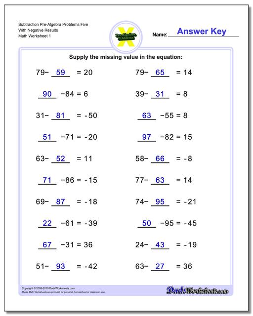 Subtraction Pre-Algebra Worksheets