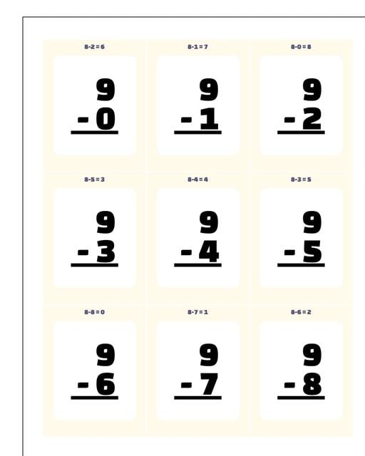 Subtraction Flash Cards