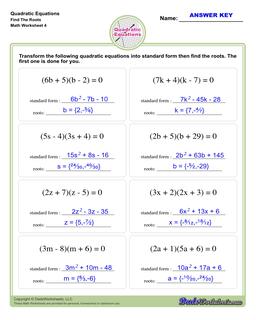 Quadratic Equations Worksheets