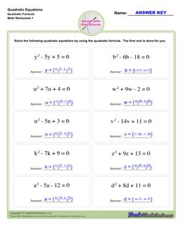 Quadratic Equations Worksheets