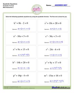 Quadratic Equations Worksheets