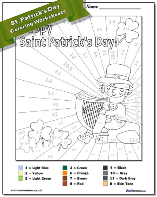 Math Worksheets: Subtraction Color By Number: St. Patrick's Day ...
