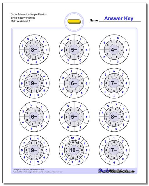 Subtraction Worksheets: Subtraction Fact Circles