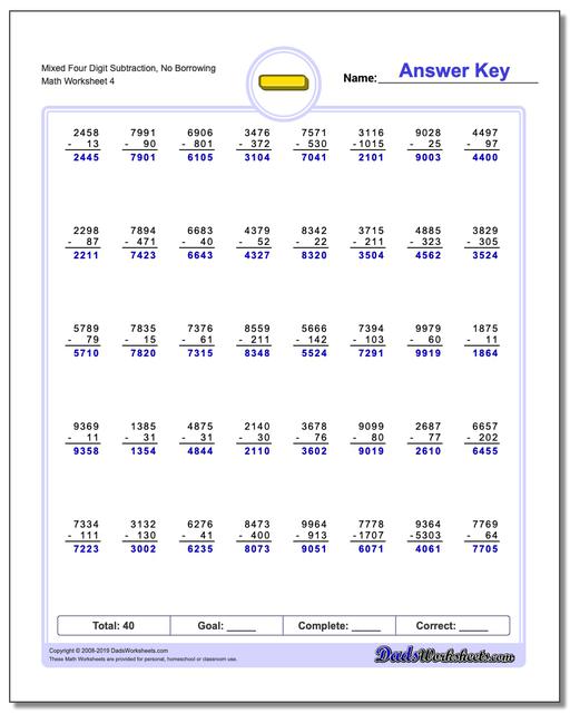 Subtraction Worksheets: No Borrowing