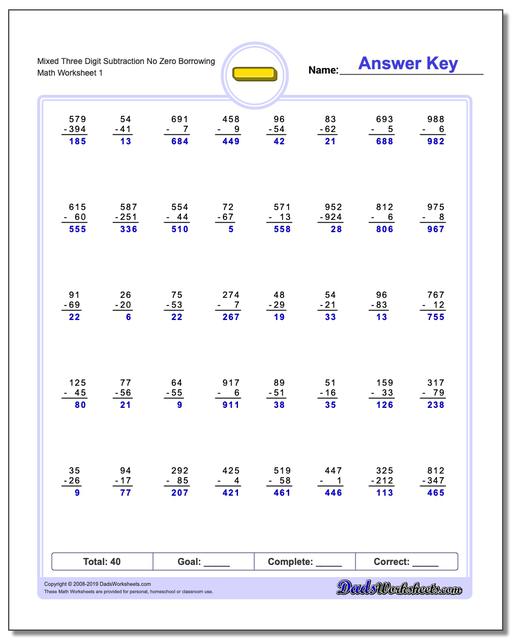 Subtraction Worksheets Borrowing Without Borrowing Across A Zero