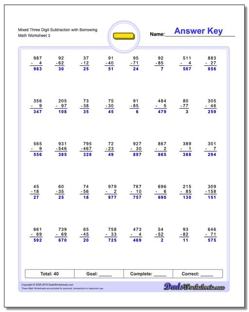 Subtraction Worksheets Full Borrowing