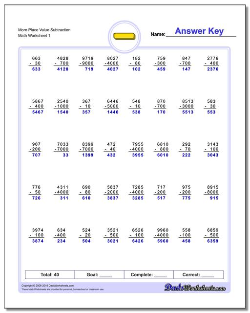 Place Value Subtraction Worksheets