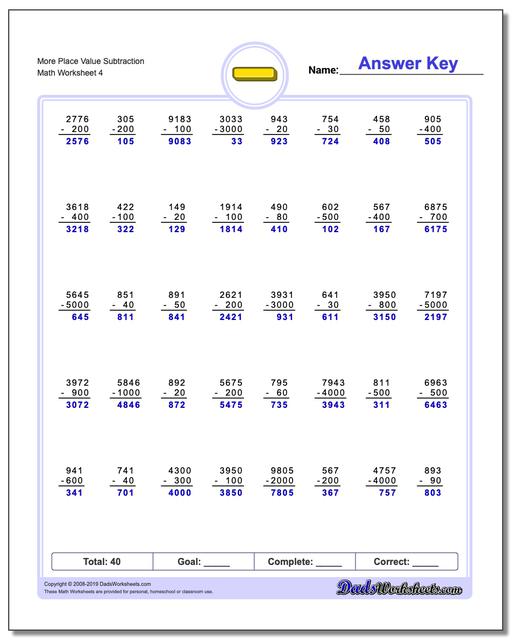 Place Value Subtraction Worksheets